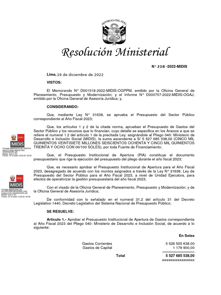 RM 218 2022 Midis | PDF | Presupuesto | Presupuesto del gobierno