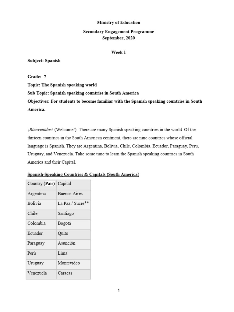 Grade 7 Spanish Week 1 Lesson 1 and Answersheet | PDF | South America ...