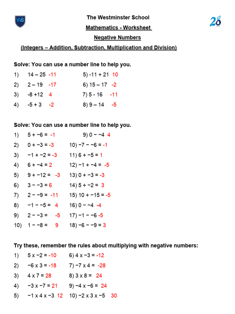Year 7 Integers Worksheet | PDF | Multiplication | Elementary Mathematics