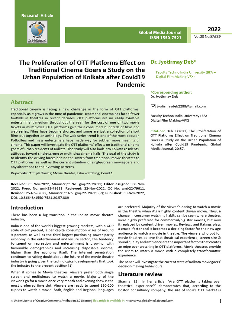 The Proliferation of Ott Platforms Effect On Traditional Cinema Goers A ...