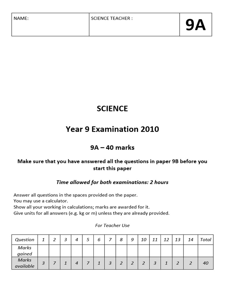 2010 Yr9 9A Exam | PDF | Milk | Mixture
