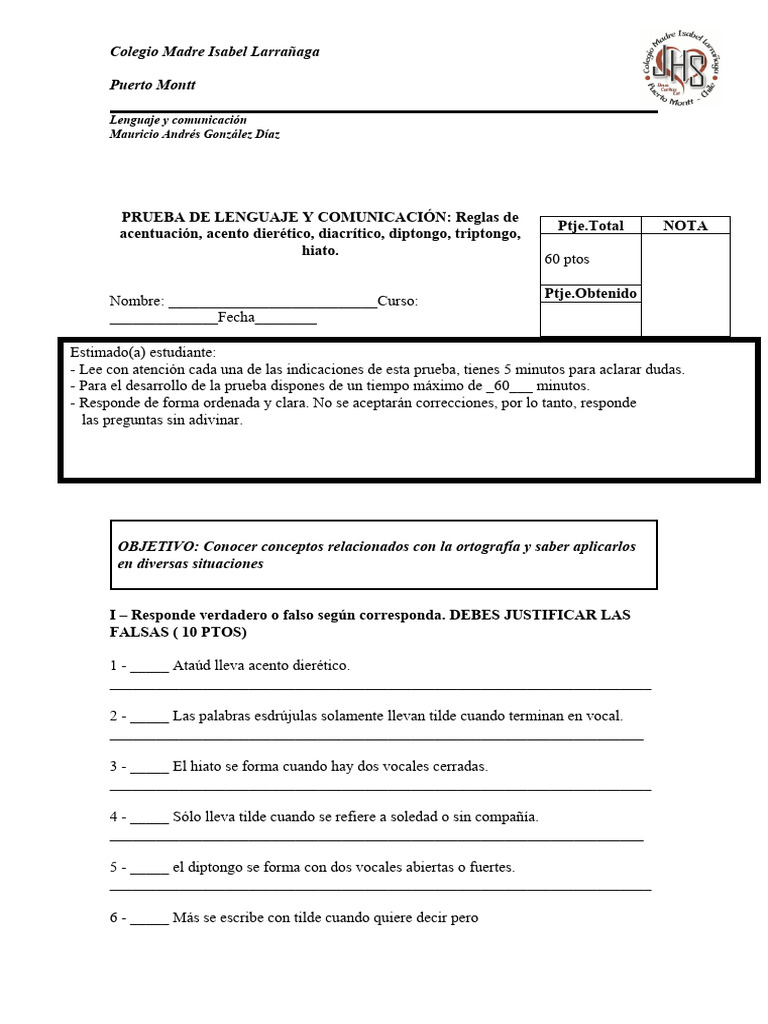 Prueba de Ortografia 2024 | PDF | Fonética | Voz humana