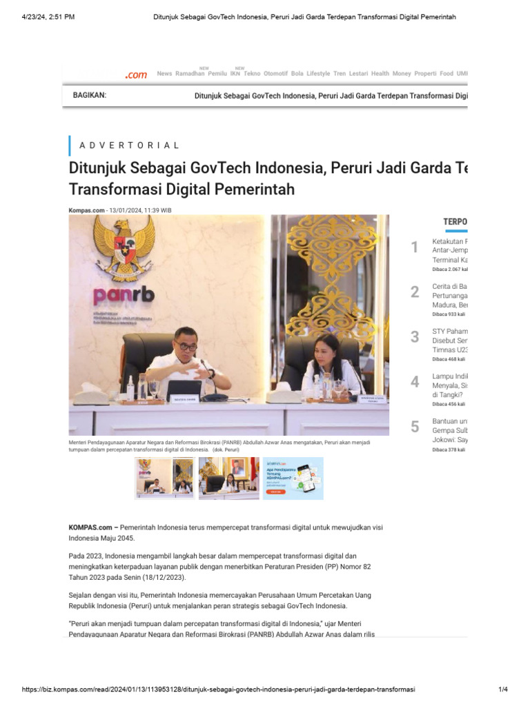 Ditunjuk Sebagai GovTech Indonesia, Peruri Jadi Garda Terdepan Transformasi Digital Pemerintah | PDF