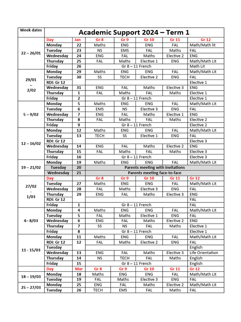 Academic Support - Term 1 2024 RDI | PDF