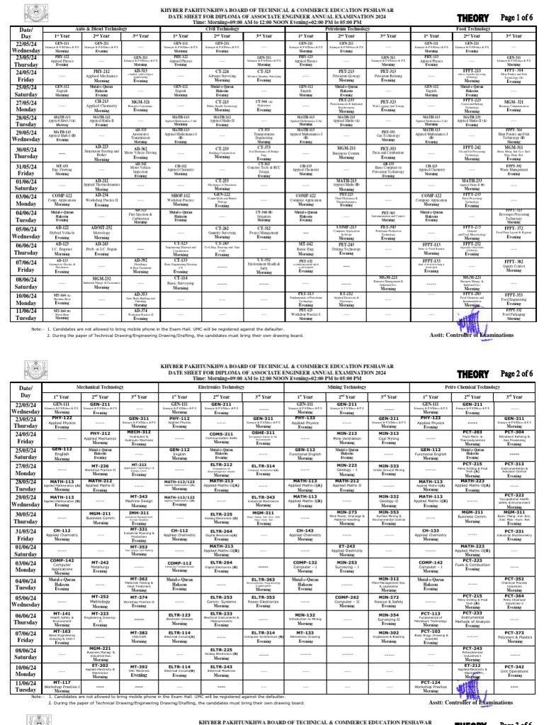 Date Sheet Theory DAE Annual Exam 2024 | PDF | Engineering | Physical ...