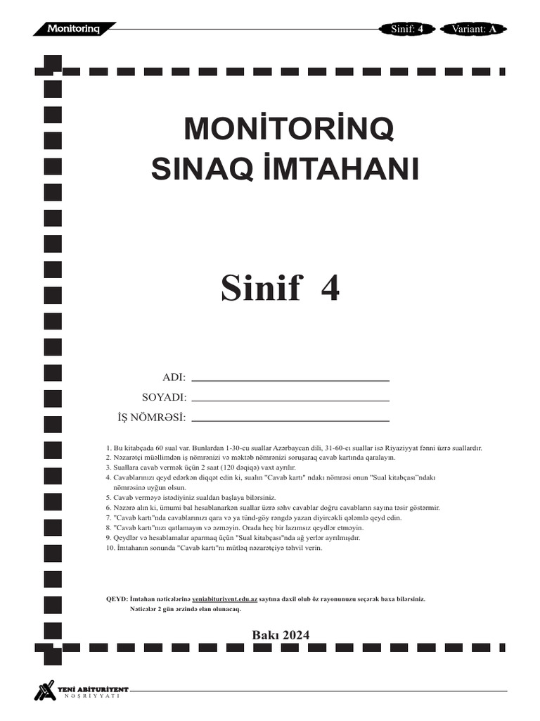Yeni Abituriyent Nəşriyyatı Monitorinq 4-Cü Sinif | PDF
