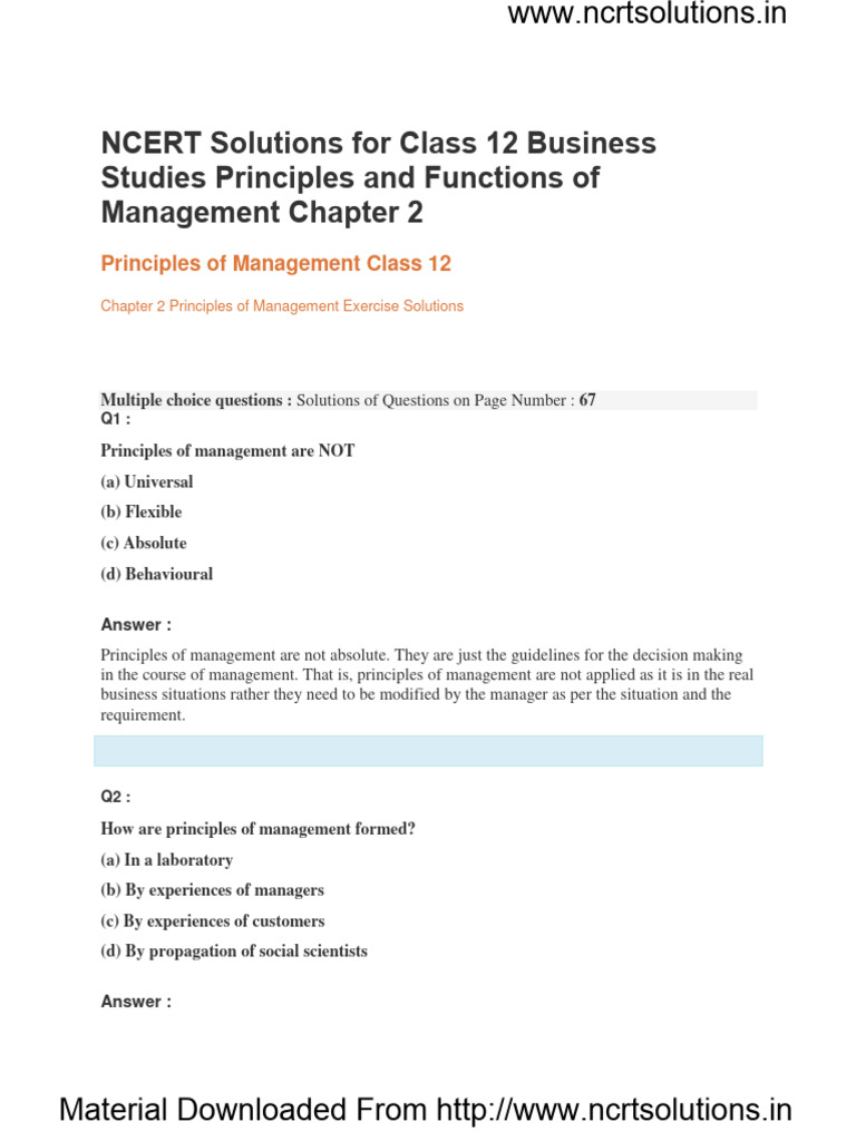 NCERT Solutions For Class 12 Business Studies Principles and Functions of Management Chapter 2 ...