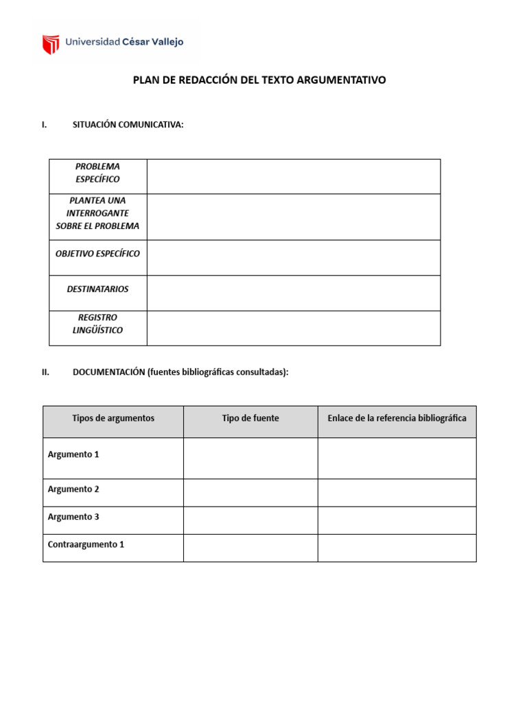 Esquema Plan de Redacción Del Texto Argumentativo | PDF