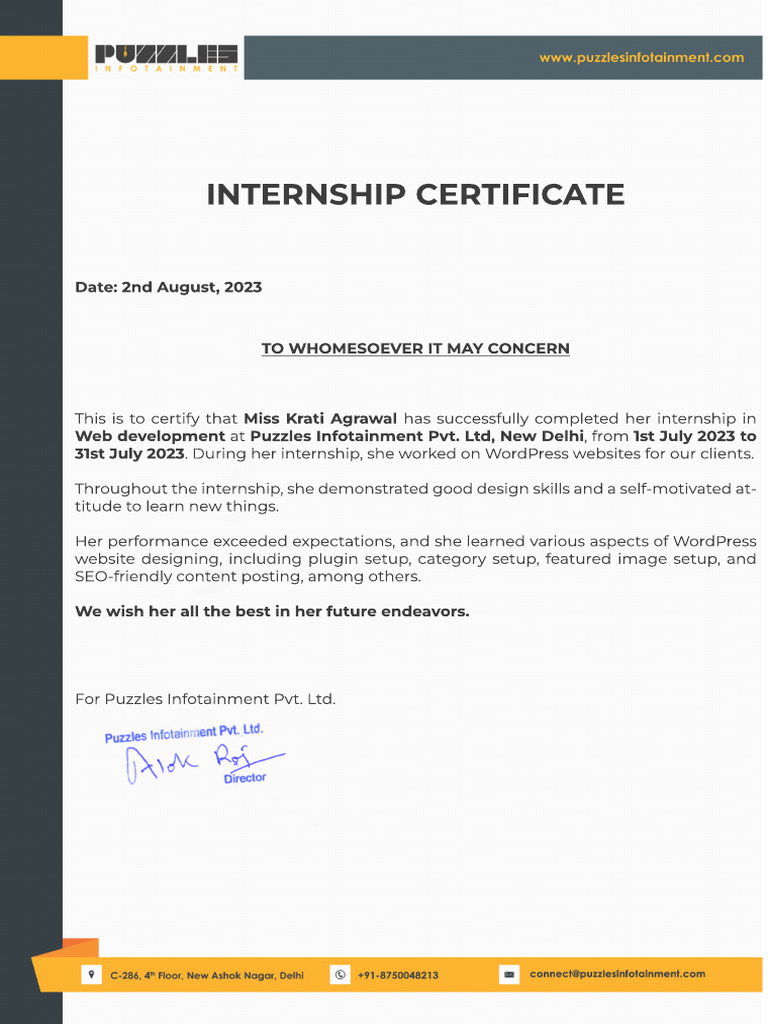 Krati Internship Certificate | PDF