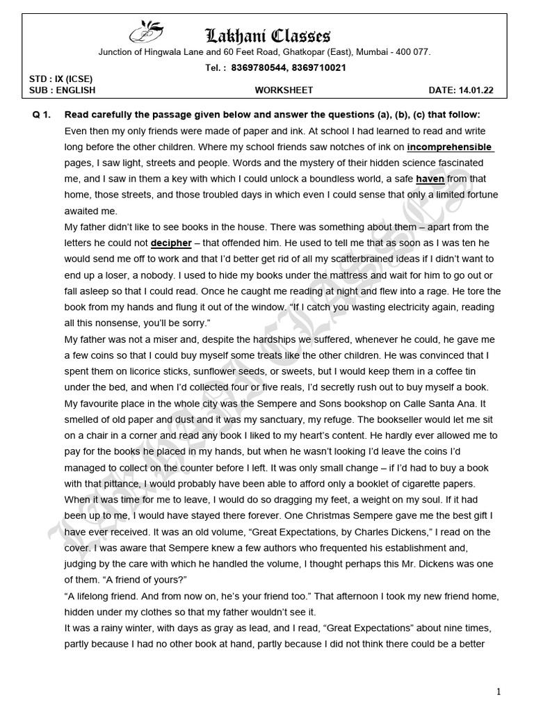 Unseen Passage Worksheet for Class 9 ICSE | PDF