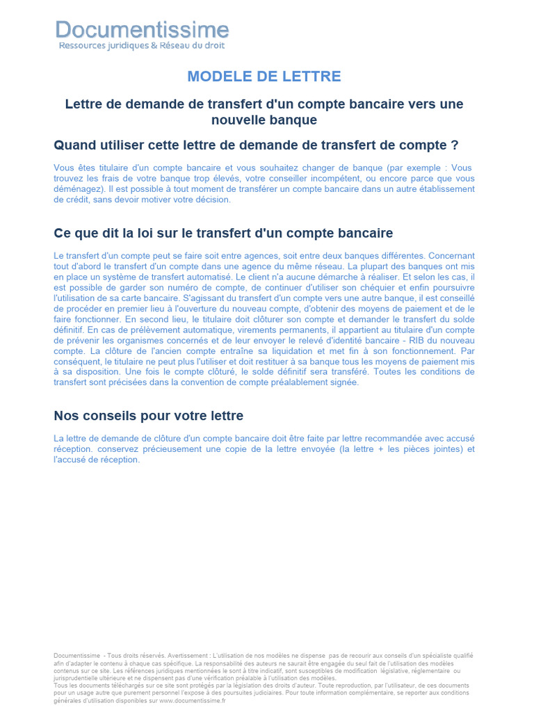 Lettre de Demande de Transfert D Un Compte Bancaire Vers Une Nouvelle ...