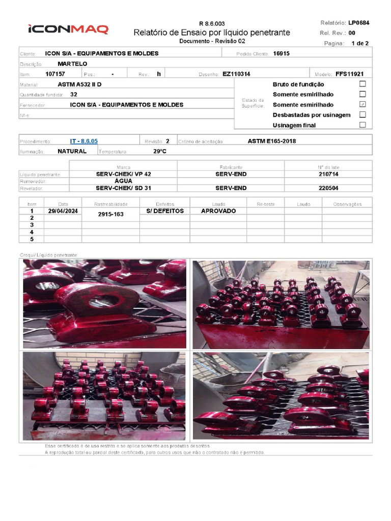 LP0684. 107157. FFS11921. R 8.6.003 - Relatório de Ensaio Por Liquido Penetrante 29-04-24 (1) | PDF