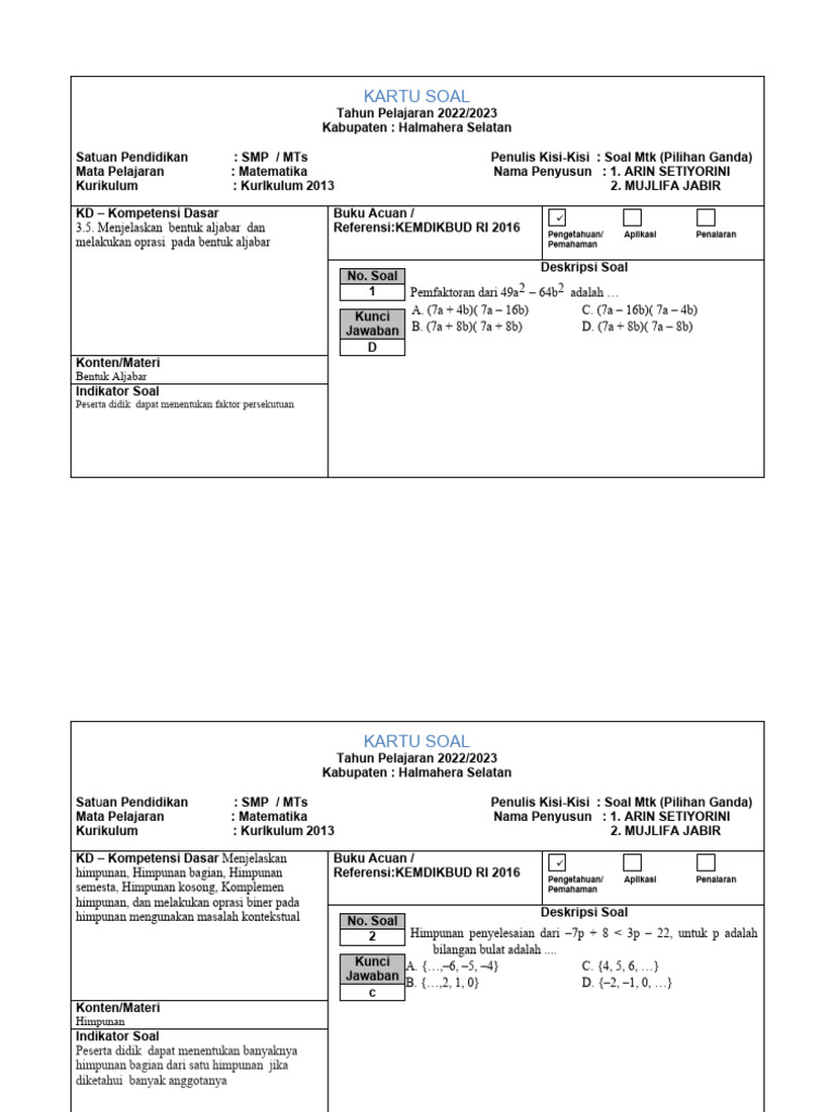 Kartu Soal 2023 MTK Edit | PDF