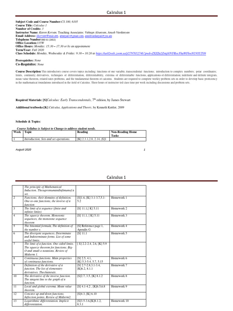 Calculus 1 Syllabus Fall 2020 Pdf Function Mathematics Derivative