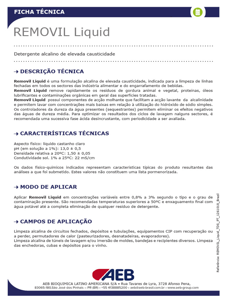 REMOVIL Liquid TDS PT 1261018 Brazil | PDF | Ácido clorídrico | Desperdício