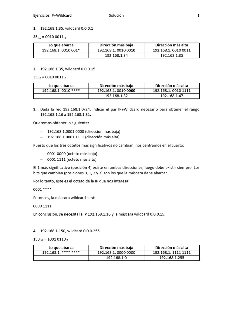 Ejercicios Wildcard Solución | Descargar gratis PDF | Dirección IP | Protocolos de capa de red
