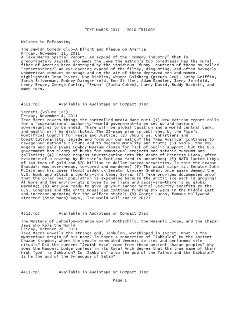 Texe Marrs 2011 - 2010 Trilogy | PDF | Zionism | Israel