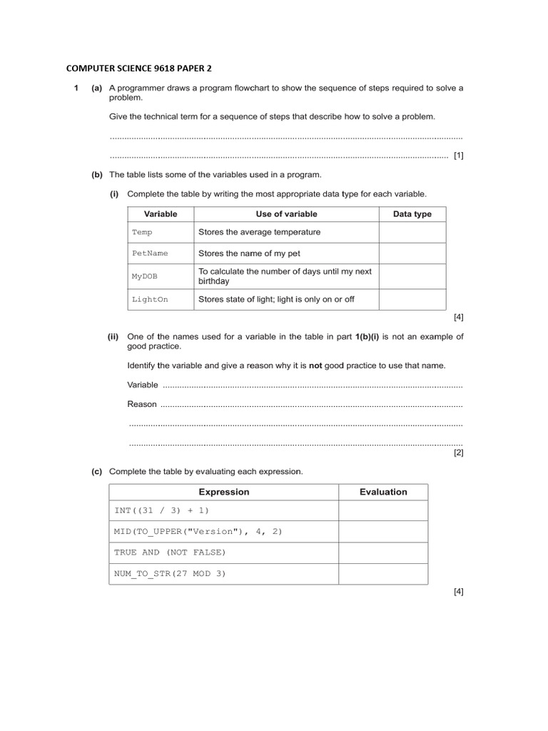 Computer Science 9618 Paper 2 Pdf 