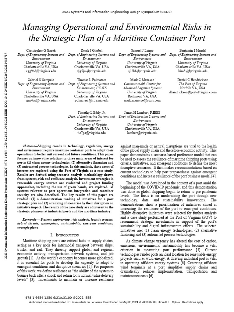 Managing Operational And Environmental Risks In The Strategic Plan Of A Maritime Container Port