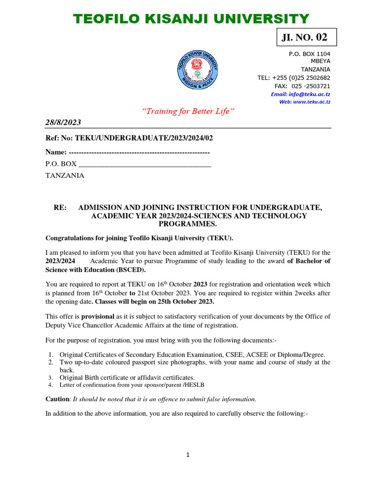 TEKU Undergraduate Admission Instructions 2023 | PDF | Fee