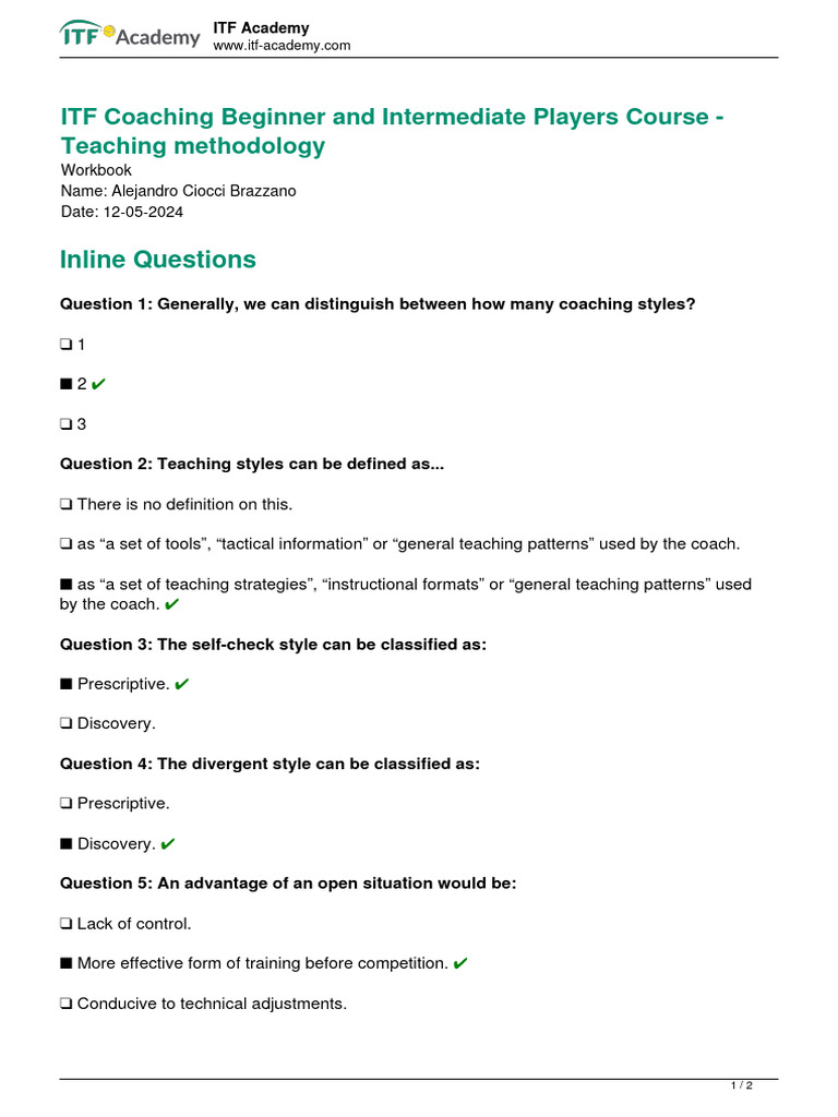 Workbook ITF Coaching Beginner and Intermediate Players Course ...
