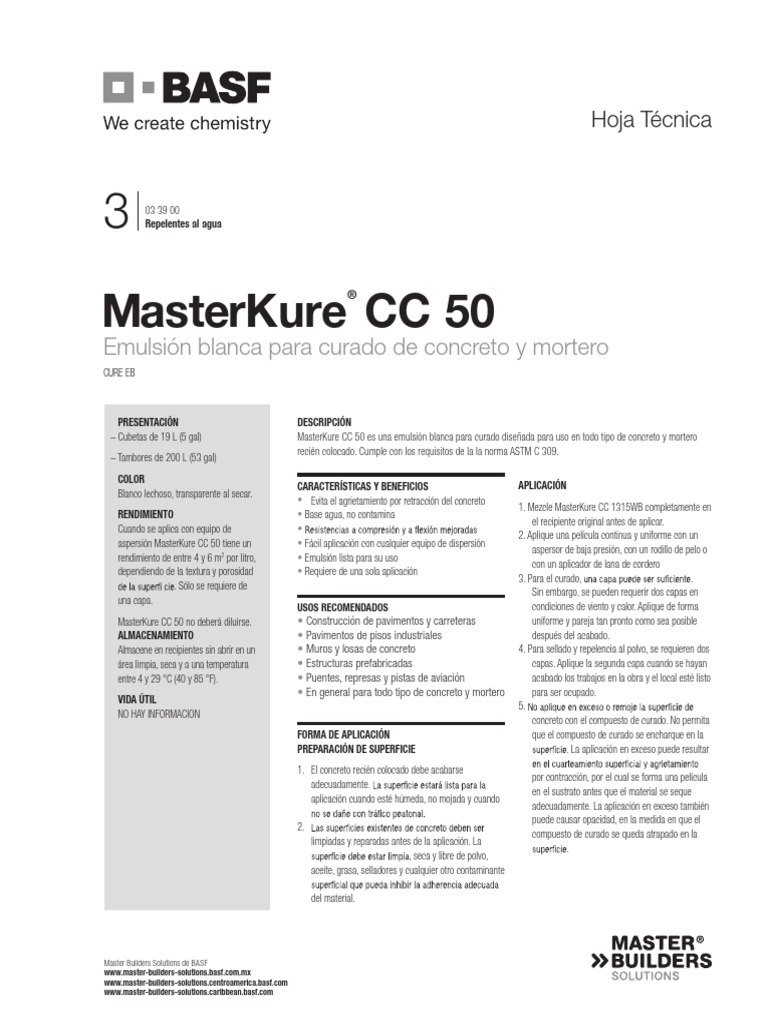 BASF MasterKure CC 50 - Ficha Técnica | PDF | Hormigón | Agua