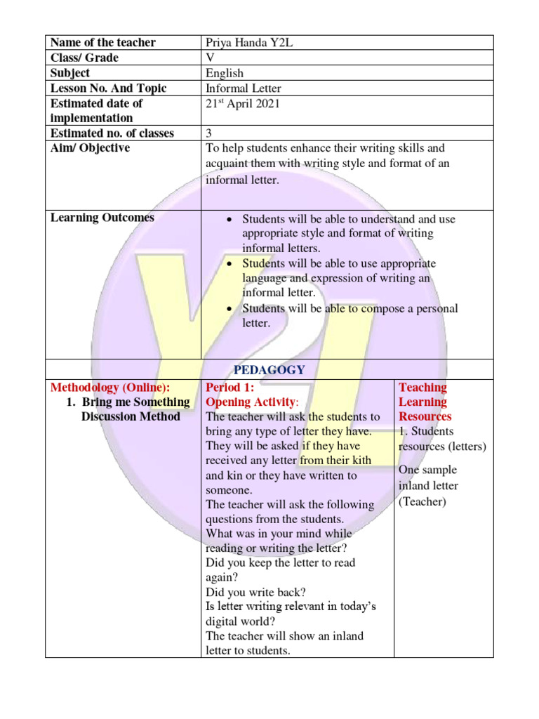 Y2L LP Informal letter | PDF | Teachers | Education Theory