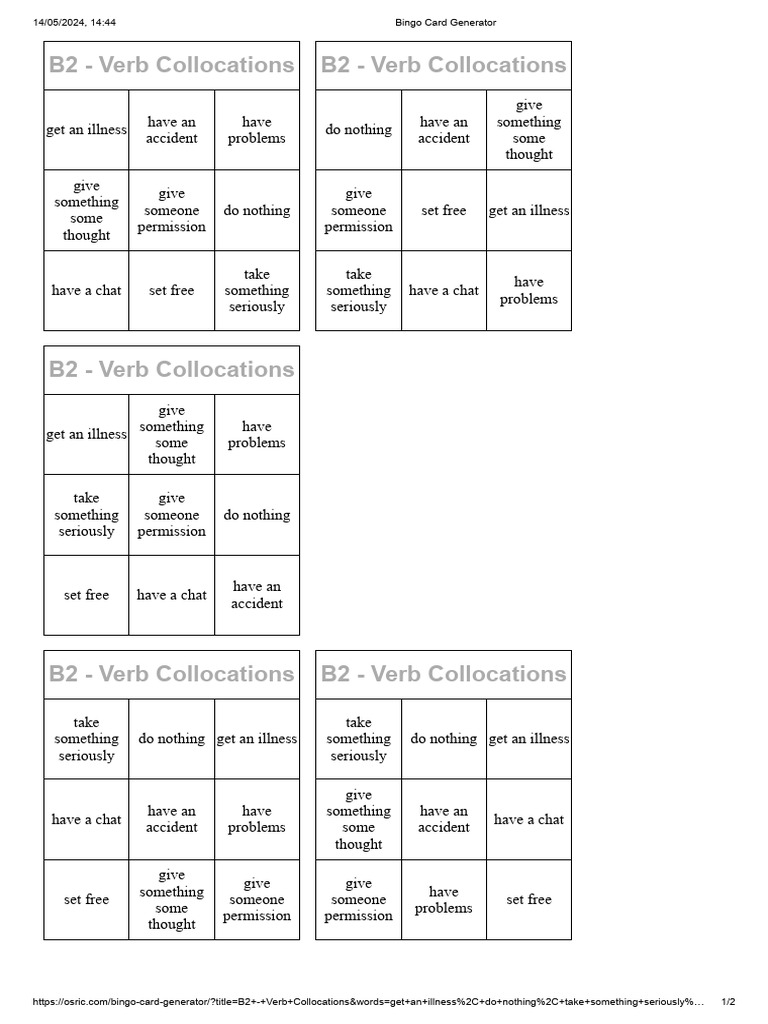 ESL Verb Collocations Bingo | PDF | Linguistic Typology | Semantic Units