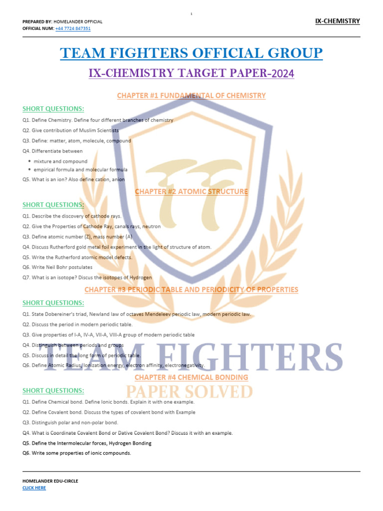 Ix-Chemistry - Target Paper 2024 - Team Fighters | PDF | Chemical Bond ...