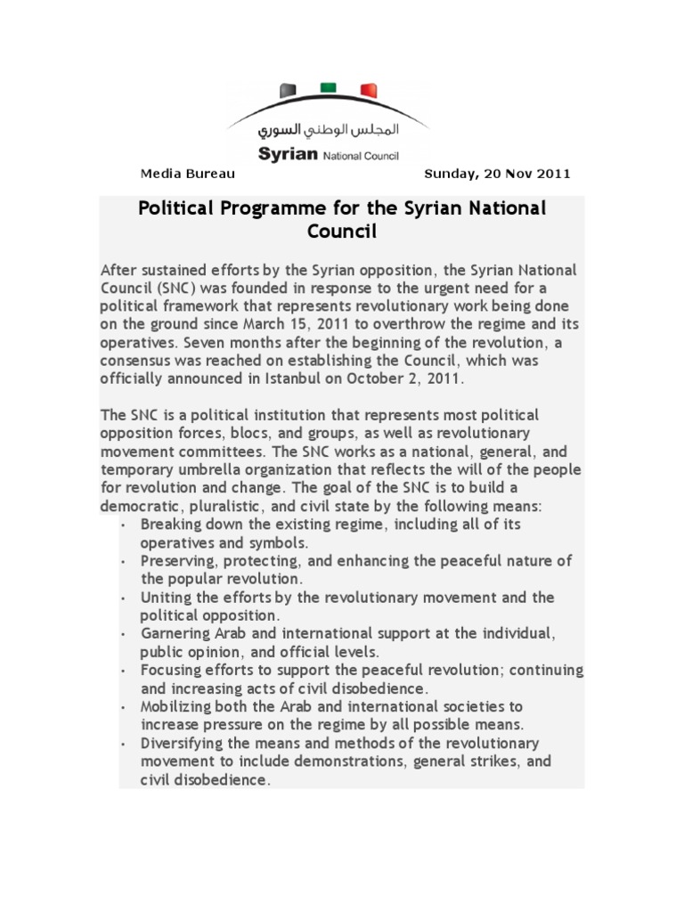 Press Release: Political Programme For The Syrian National Council ...