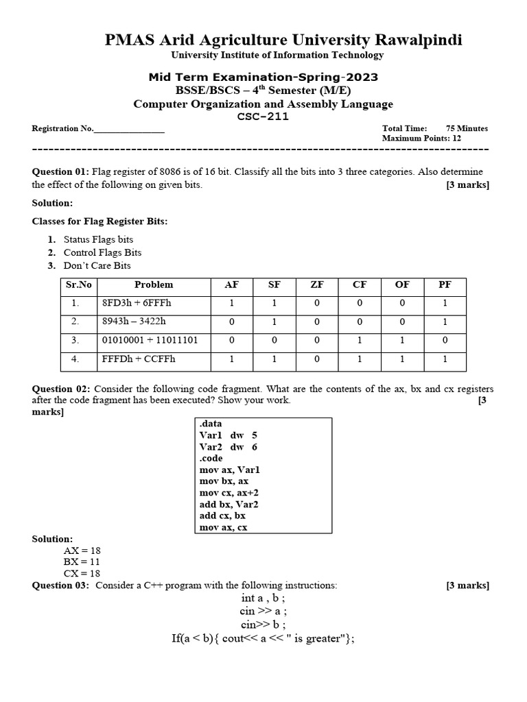 Solution COAL Mid Term Updated | PDF | X86 Architecture | Computer Programming