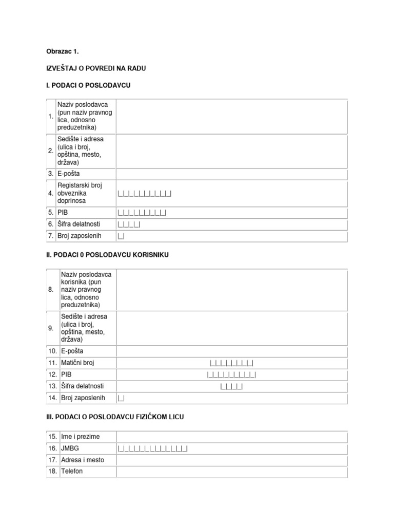 10 Obrazac 1 Izvestaj o Povredi Na Radu Preview | PDF