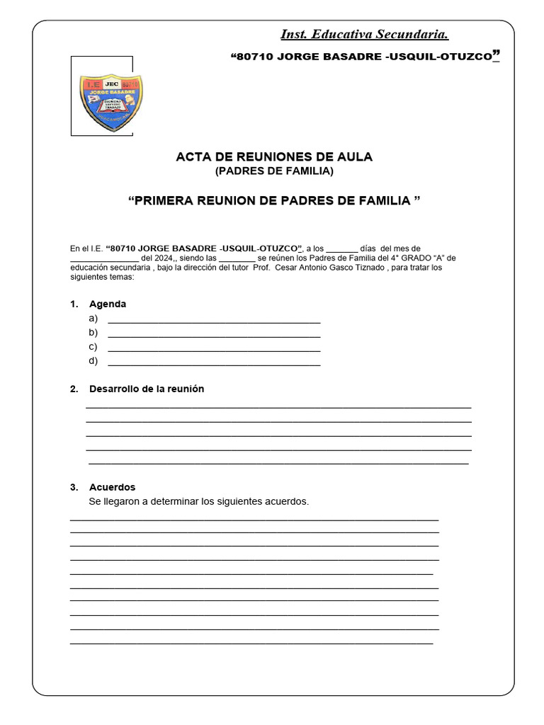 Acta Reunion de Aula 4° A | PDF
