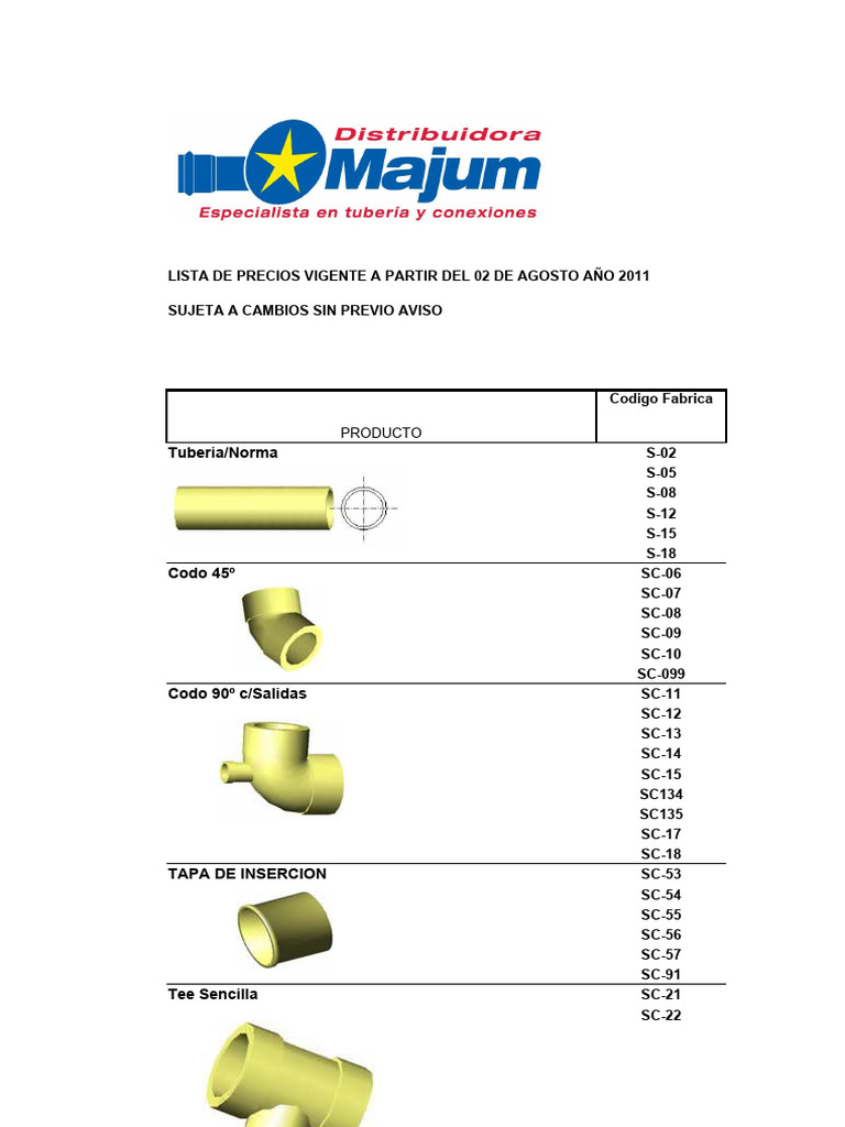06 D Lista de Precios PVC Sanitaria, Tuberia y Conexiones 02 de Agosto ...