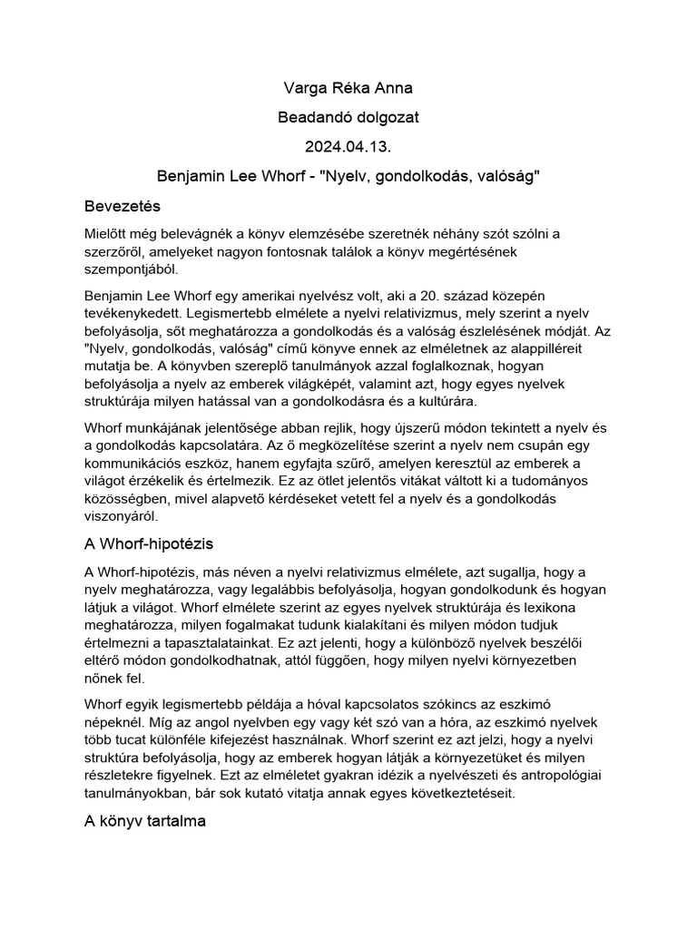 Olvasónapló Benjamin Lee Whorf - Nyelv | PDF