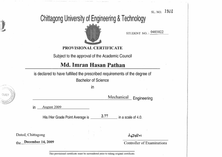 B.SC in ME Certificate - Md. Imran Hasan Pathan | PDF