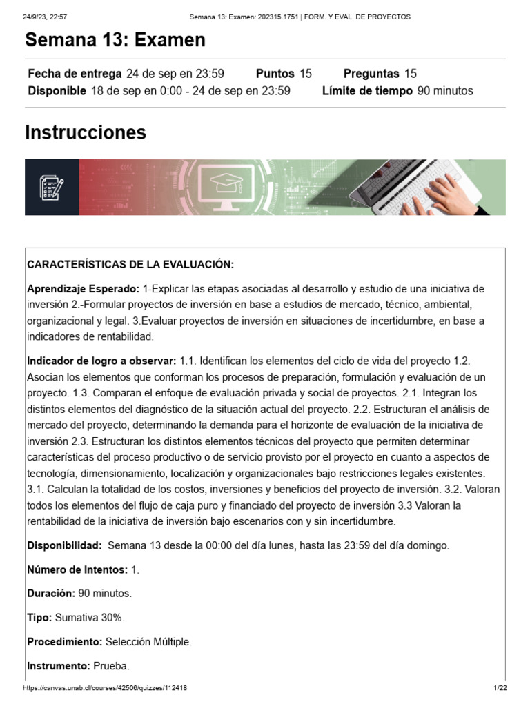 Semana 13 Examen 202315.1751 FORM. Y EVAL. DE PROYECTOS Matias PDF ...