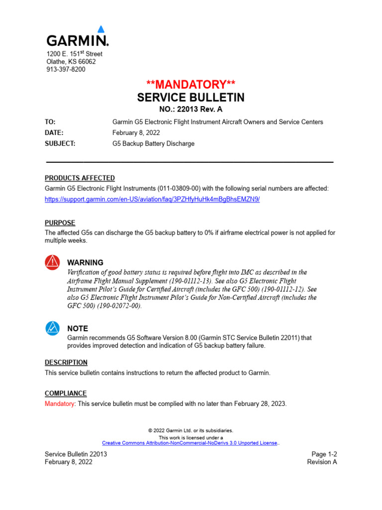 Garmin G5 Backup Battery Service Bulletin | PDF | Aviation | Aircraft
