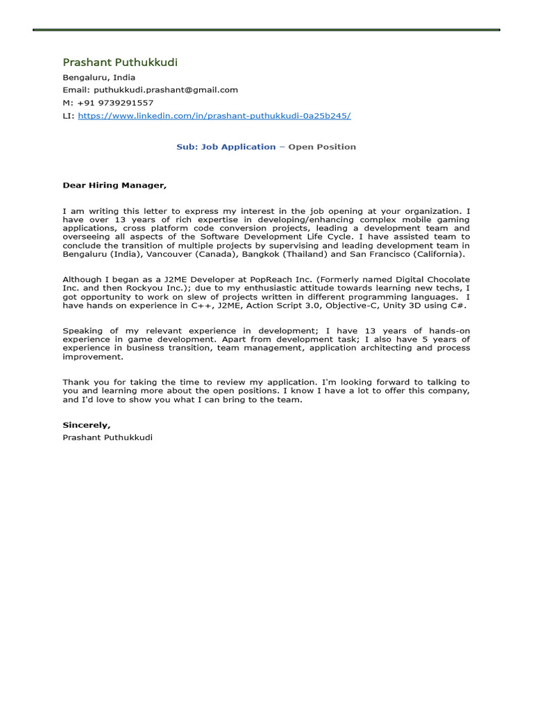 PrashantPuthukkudi ResumeAndCoverLetter 19thdec2023 | PDF | Unity (Game ...