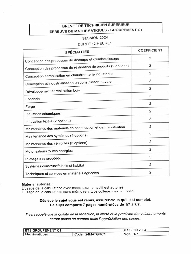 BTS Maths Groupe C1 | PDF