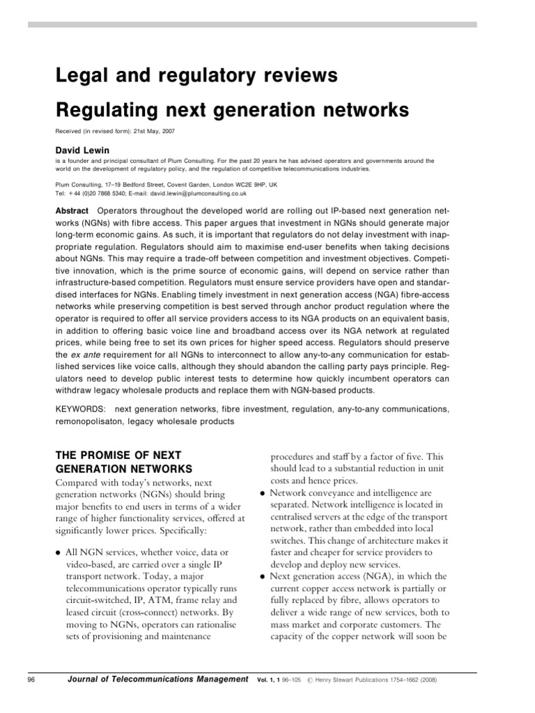 Legal and Regulatory Reviews Regulating Next Generation Networks ...