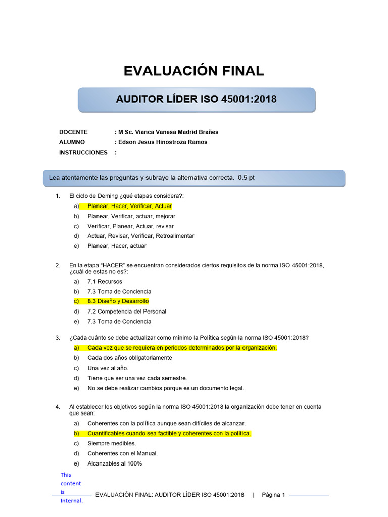 Examen Final - Auditor Líder ISO 45001 2018 Final | PDF | Auditoría | Business