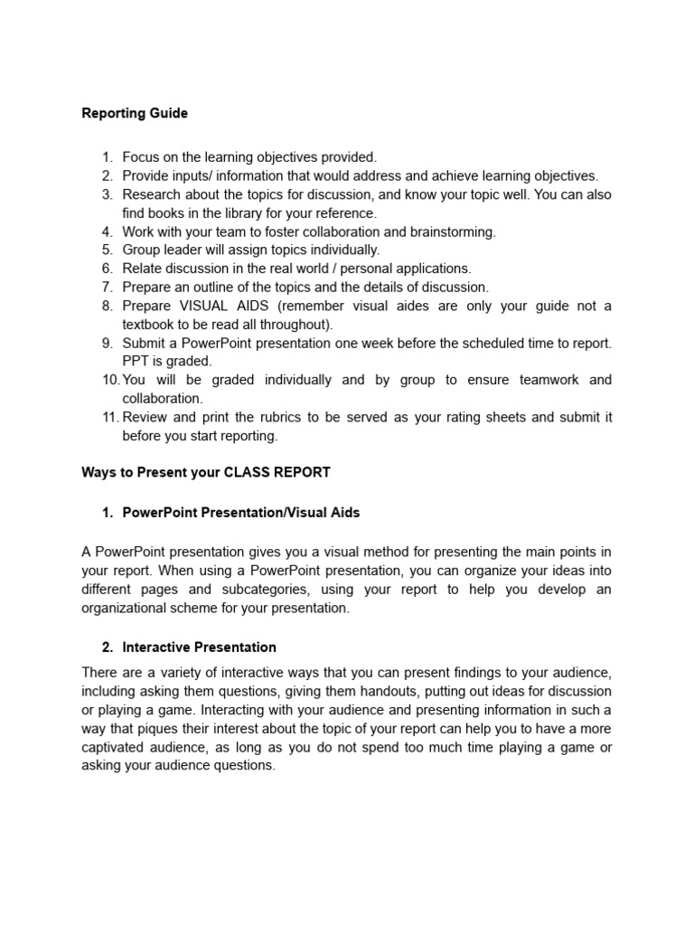 CLASS REPORTING Guidelines and Rubrics 1 | PDF | Microsoft Power Point ...