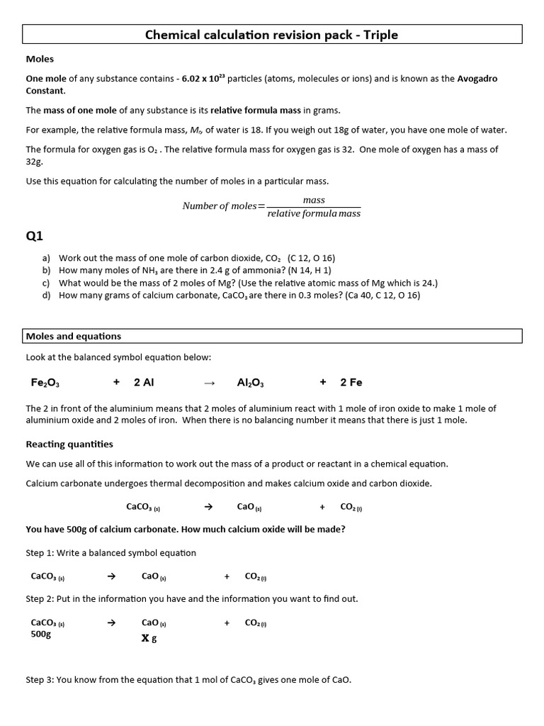 Chemistry Triple Calculation Revision Pack | Download Free PDF | Mole ...