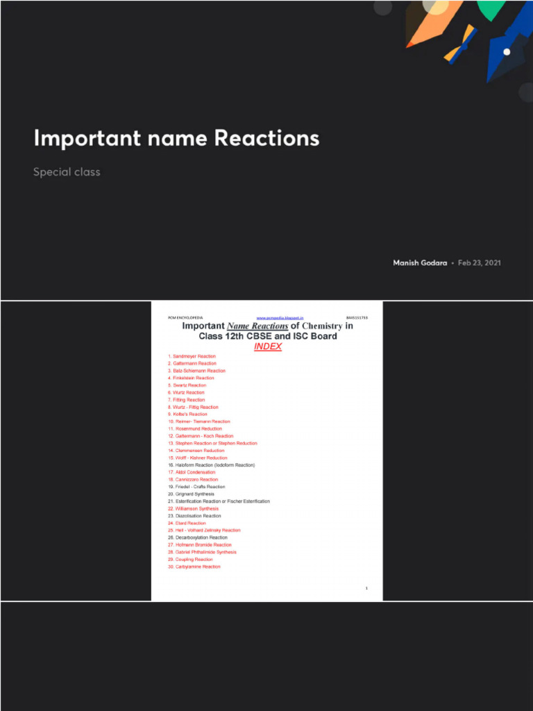 Organic Chemistry (Important Named Reactions) | PDF