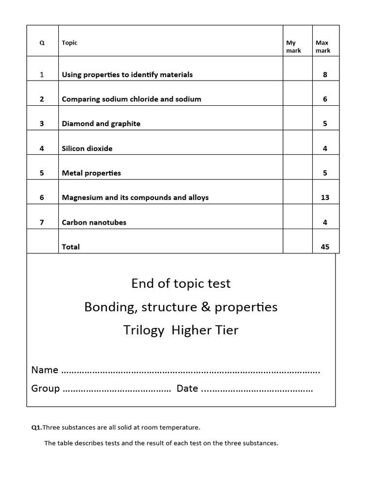 C2 End of Topic Test HT | PDF | Magnesium | Chemical Substances