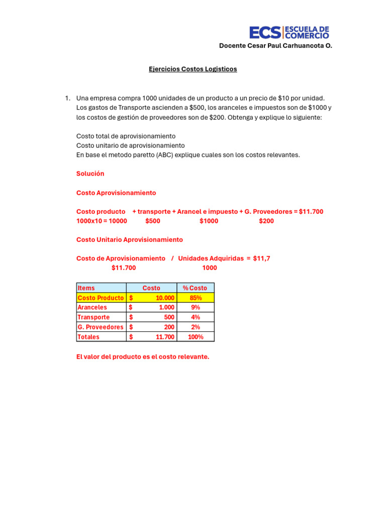 Ejercicios Costos Logisticos (Respuestas) | PDF | Obtención