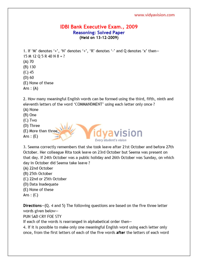 Bank Exam Reasoning Solutions | PDF | University And College Admission ...