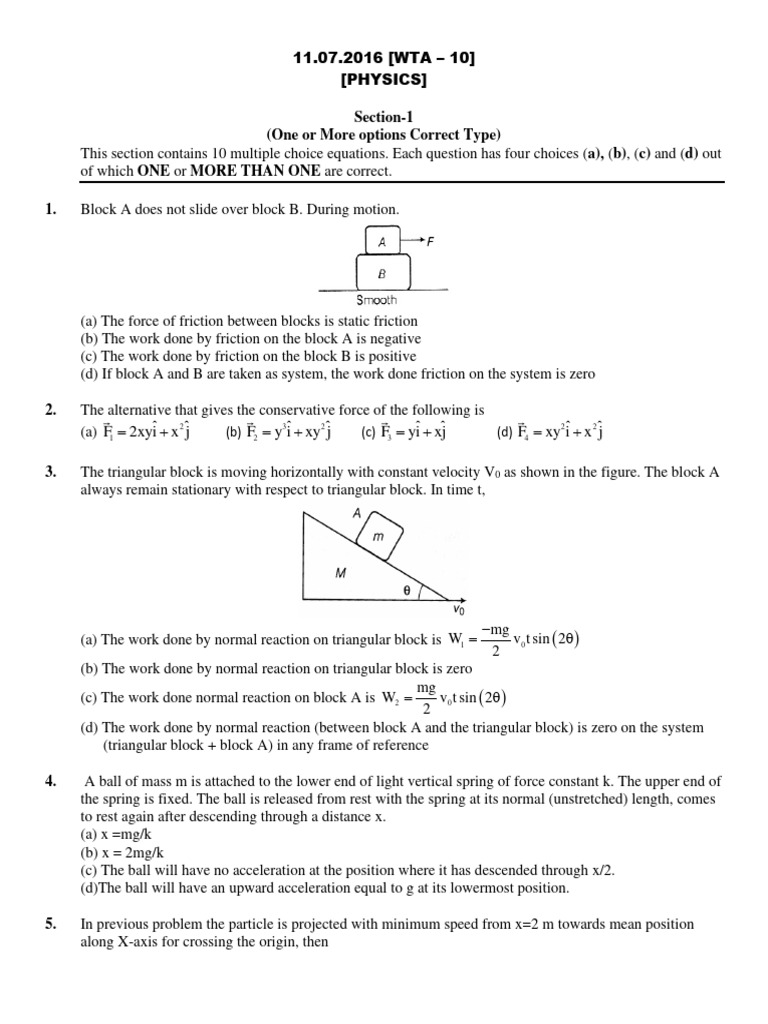 11.07.16 (Wta - 10) (Physics) | PDF | Force | Acceleration