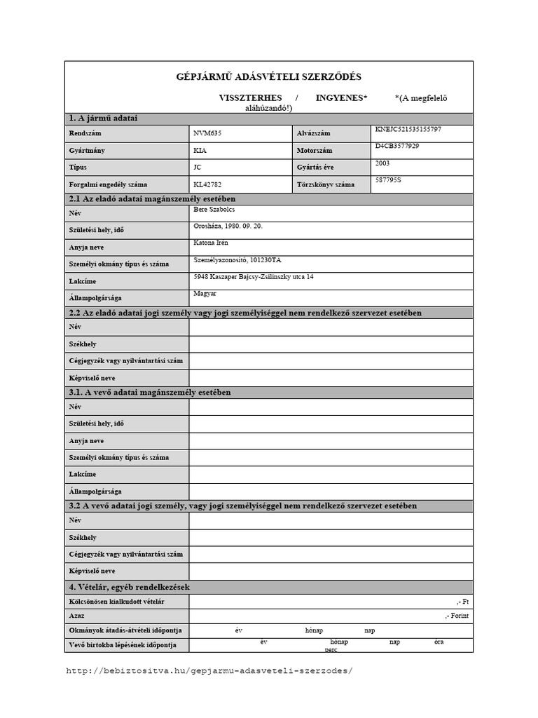Gepjarmu Adasveteli Szerzodes Minta | PDF